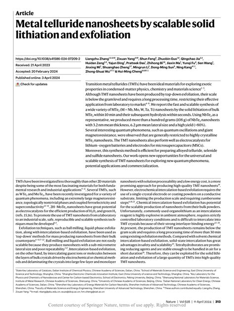 Metal Telluride Nanosheets By Scalable Solid Lithiation And Exfoliation