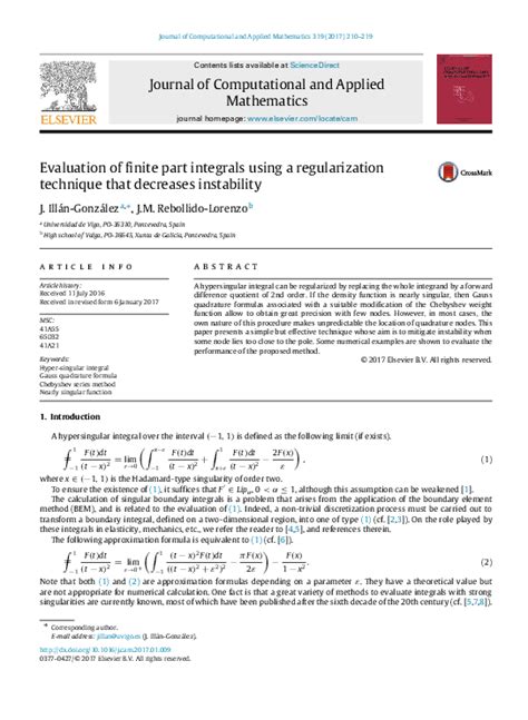 pdf evaluation of finite part integrals using a regularization technique that decreases