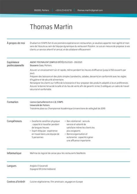 CV restauration hôtellerie exemple plongeur cuisinier