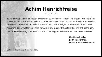 Traueranzeigen Von Achim Heinrichfreise WirTrauern
