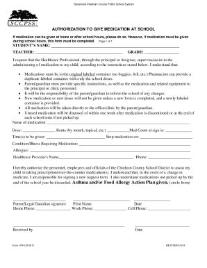 Fillable Online Authorization To Give Medication At School DeKalb