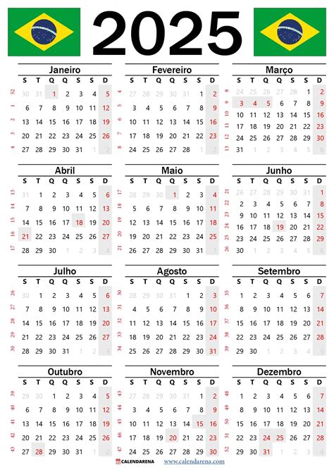 Calendário 2025 Brasil Para Imprimir Feriados