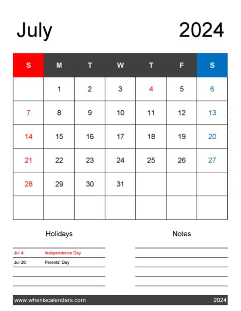 July Printable Calendar Waterproof Monthly Calendar