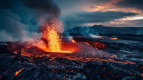 Uma dramática erupção de lava derretida da cratera de um vulcão