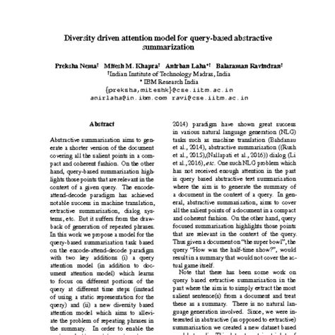 diversity driven attention model for query based abstractive summarization acl anthology