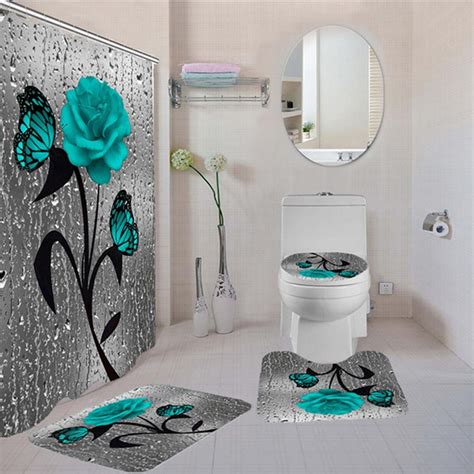 Set Baie Piese Perdea Covorase Si Husa De Toaleta Blue Rose