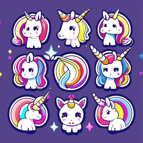 Conjunto De Vector De Pegatinas De Unicornio Vector Premium