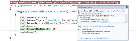 getting error while xml parsing data to stored procedure in c microsoft qanda