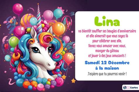 Carton d invitation anniversaire licorne à imprimer Gratuite 123cartes