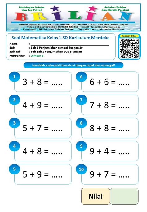 Soal Matematika Kelas 1 SD Penjumlahan Dua Bilangan Sampai 20 Bimbel