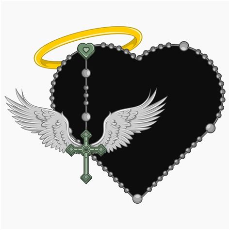 Cruz cristiana alada con un rosario en forma de corazón Vector Premium