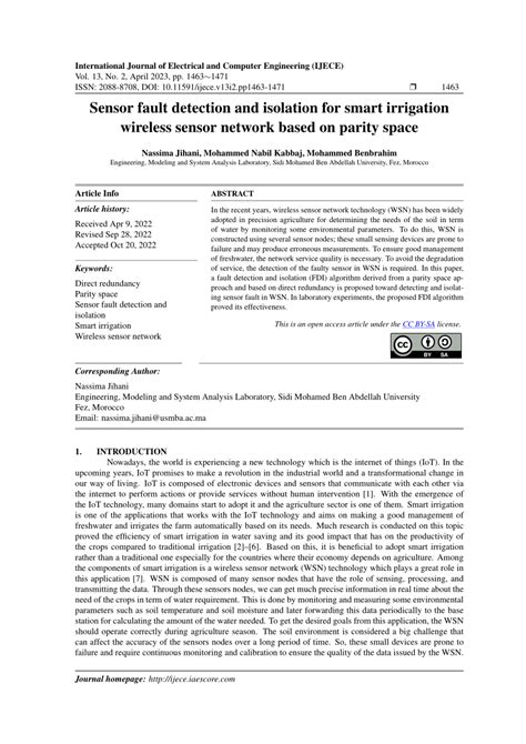 pdf sensor fault detection and isolation for smart irrigation wireless sensor network based on
