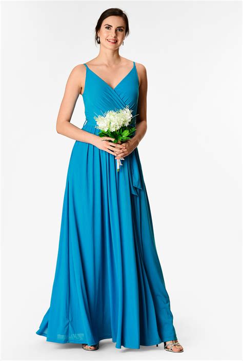 Shop Pleated Surplice Mesh Maxi Dress EShakti