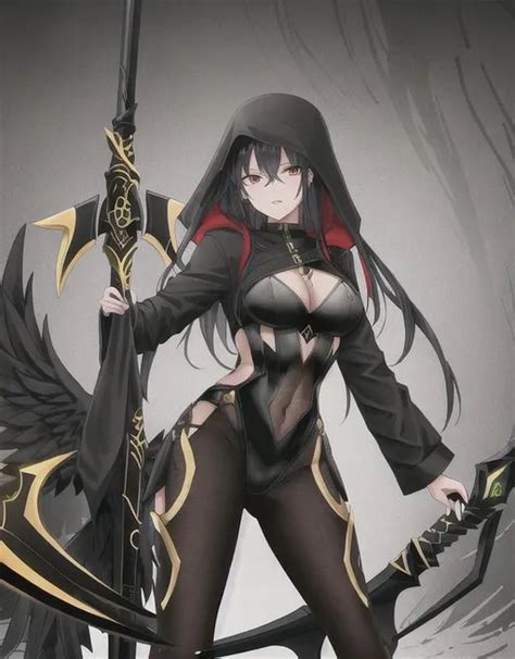 Grim Reaper Woman Full Body Golden Scythe Black H OpenArt