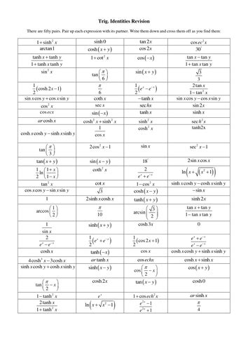 hyperbolic trig identities cheat sheet