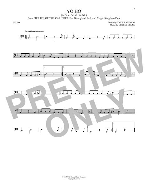 Yo Ho A Pirate S Life For Me By George Bruns Sheet Music For Cello