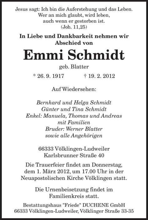 Traueranzeigen Von Emmi Schmidt Saarbruecker Zeitung Trauer De