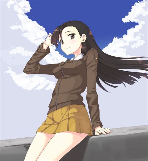 Wallpaper Illustration Long Hair Anime Girls Brunette Sky Legs Clouds Cartoon Brown