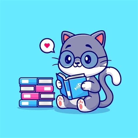 A Cartoon Cat Reading A Book Next To Stacks Of Books