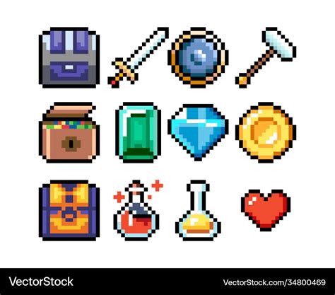 Set 8 Bit Pixel Graphics Icons Isolated Royalty Free Vector