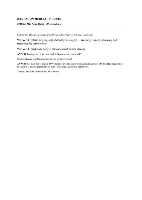 Script For Orange Juice Radio Commercial Scripts Soo Min Xuan