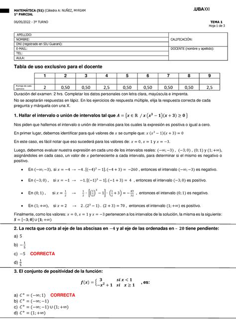 Respuestas Primer Parcial Matematica Tercer Turno TEMA 1 06 05 2022