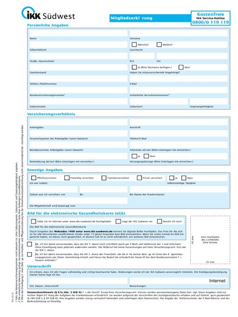 Fillable Online Ikk Suedwest Kostenfreie Mitgliedserklrung IKK Service