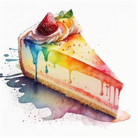 Una Pintura De Acuarela De Un Trozo De Tarta De Queso Con Una Fresa