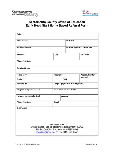 Fillable Online SCOE Early Head Start Home Based Referral Form Fax