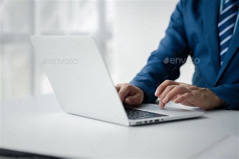 Person Typing On Laptop Keyboard Businessman Working On Laptop He Is