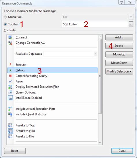 SQL SERVER 2008 Customize Toolbar Remove Debug Button From