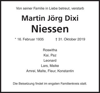 Traueranzeigen von Martin Jörg Dixi Niessen noz Trauerportal