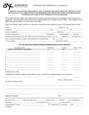 Fillable Online Bismarckstate Petition For Additional Class Load