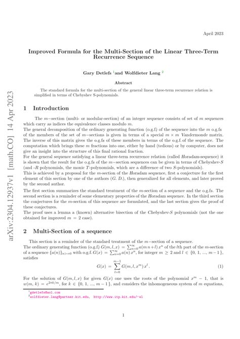 pdf improved formula for the multi section of the linear three term recurrence sequence