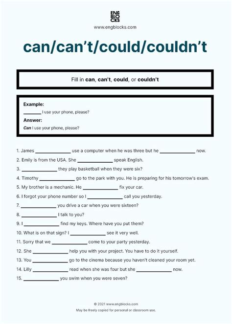 Can Cant Could Couldnt Gap Filling Exercise In 2024 English
