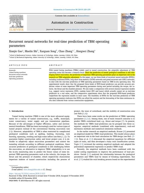 recurrent neural networks for real time prediction of tbm operating parameters download free