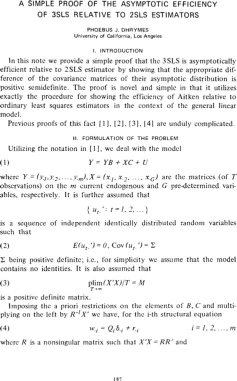 a simple proof of the asymptotic efficiency of 3sls relative to 2sls estimators dhrymes 1973