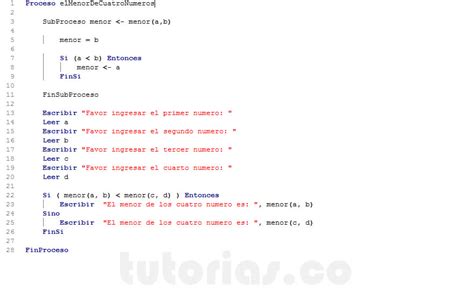 Funciones Pseint Hallar El Menor De Cuatro Numeros Tutorias Co