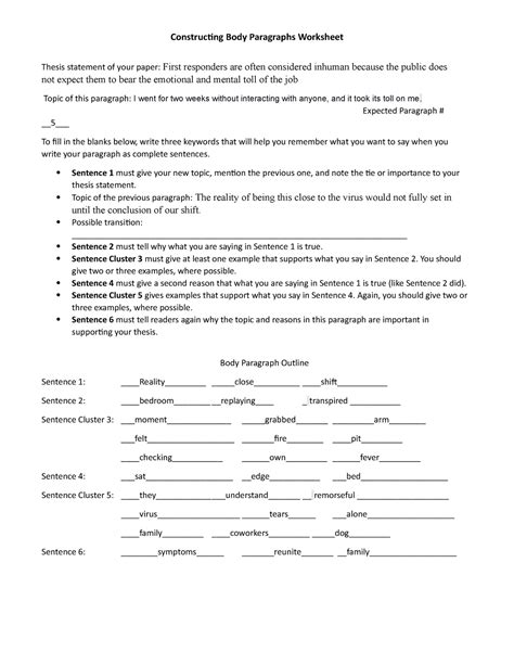 Body Paragraph Worksheet Constructing Body Paragraphs Worksheet