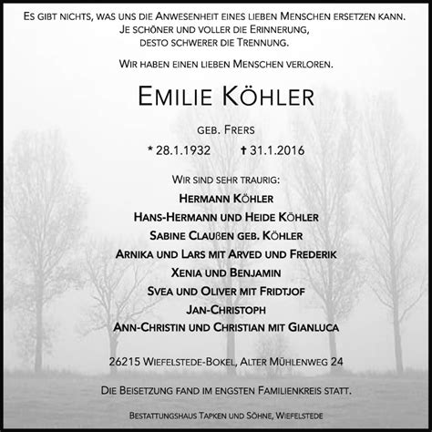 Traueranzeigen von Emilie Köhler nordwest trauer de