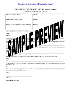 Fillable Online CALIFORNIA PRELIMINARY NOTICE PUBLIC WORKS Fax Email