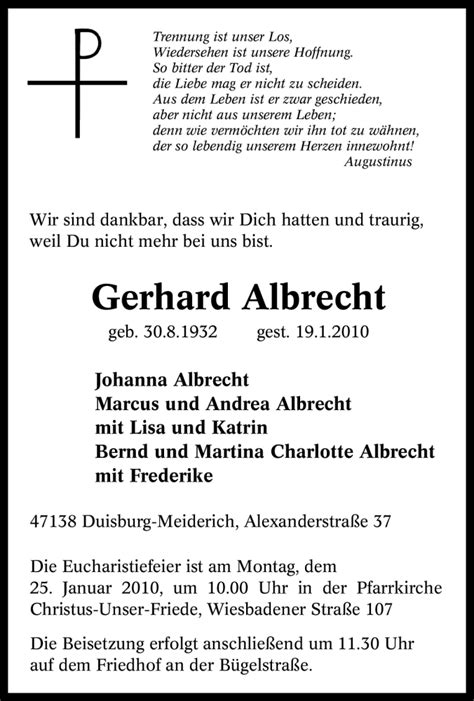 Traueranzeigen Von Gerhard Albrecht Trauer In NRW De
