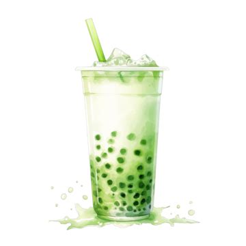Watercolor Painting Of Bubble Green Tea Beverage Brown Bubble Png