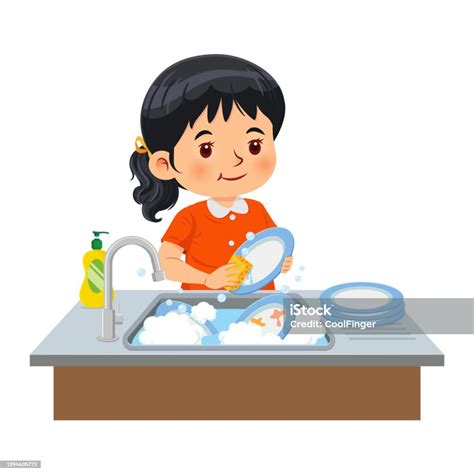 Seorang Gadis Kecil Mencuci Piring Di Dapur Ilustrasi Stok Unduh Gambar Sekarang Piring