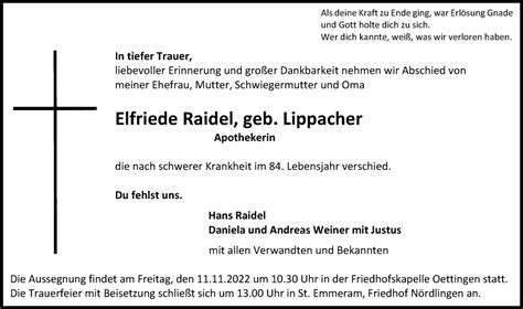 Traueranzeigen Von Elfriede Raidel Augsburger Allgemeine Zeitung