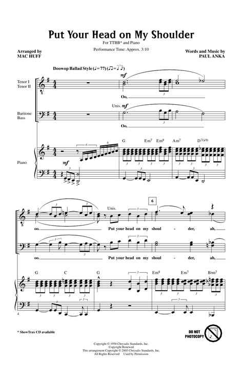 Put Your Head On My Shoulder Arr Mac Huff By Paul Anka Sheet Music