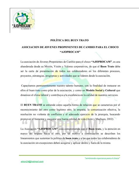 Politica DEL BUEN Trato Ajoprocam Sembrando Esperanza Para El Choco