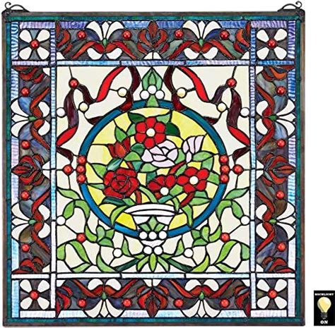 Design Toscano Panier Des Fleurs Stained Glass Window Red Blossoms
