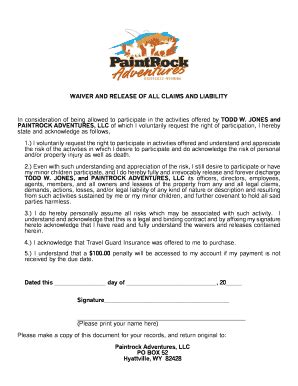 Fillable Online WAIVER AND RELEASE OF ALL CLAIMS AND LIABILITY Fax