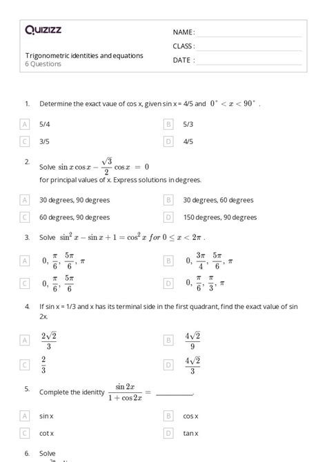 Trigonometric Identities Worksheets For Th Class On Quizizz